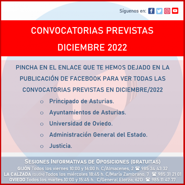 CONVOCATORIAS PREVISTAS DICIEMBRE 2022 | Academia Tamargo